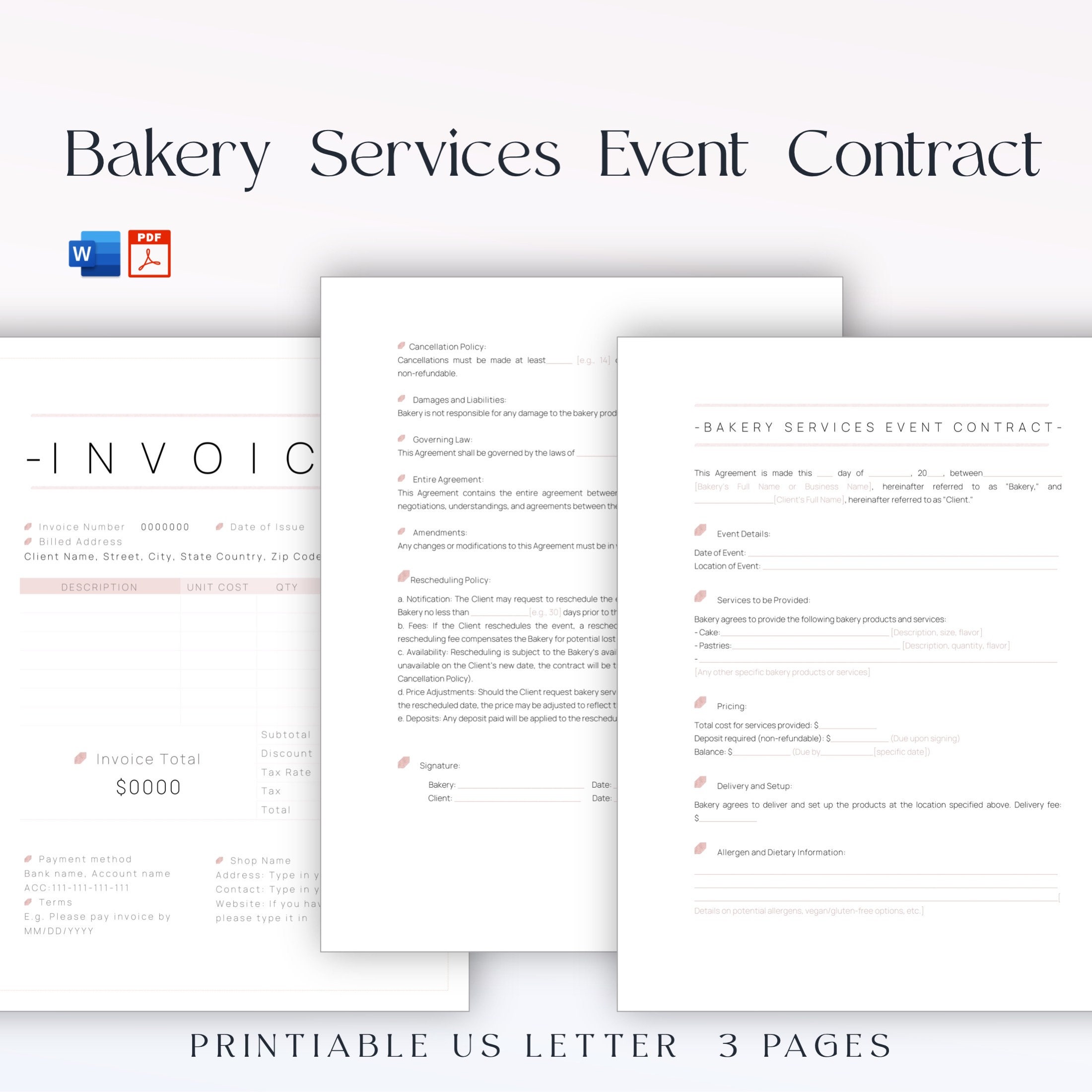 Printable Bakery Services Event Contract, Bakery Invoice, Rescheduling ...