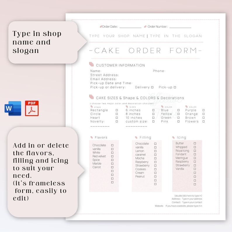 Editable Cake Order Form Template,printable Bakery Order Form,bakery ...