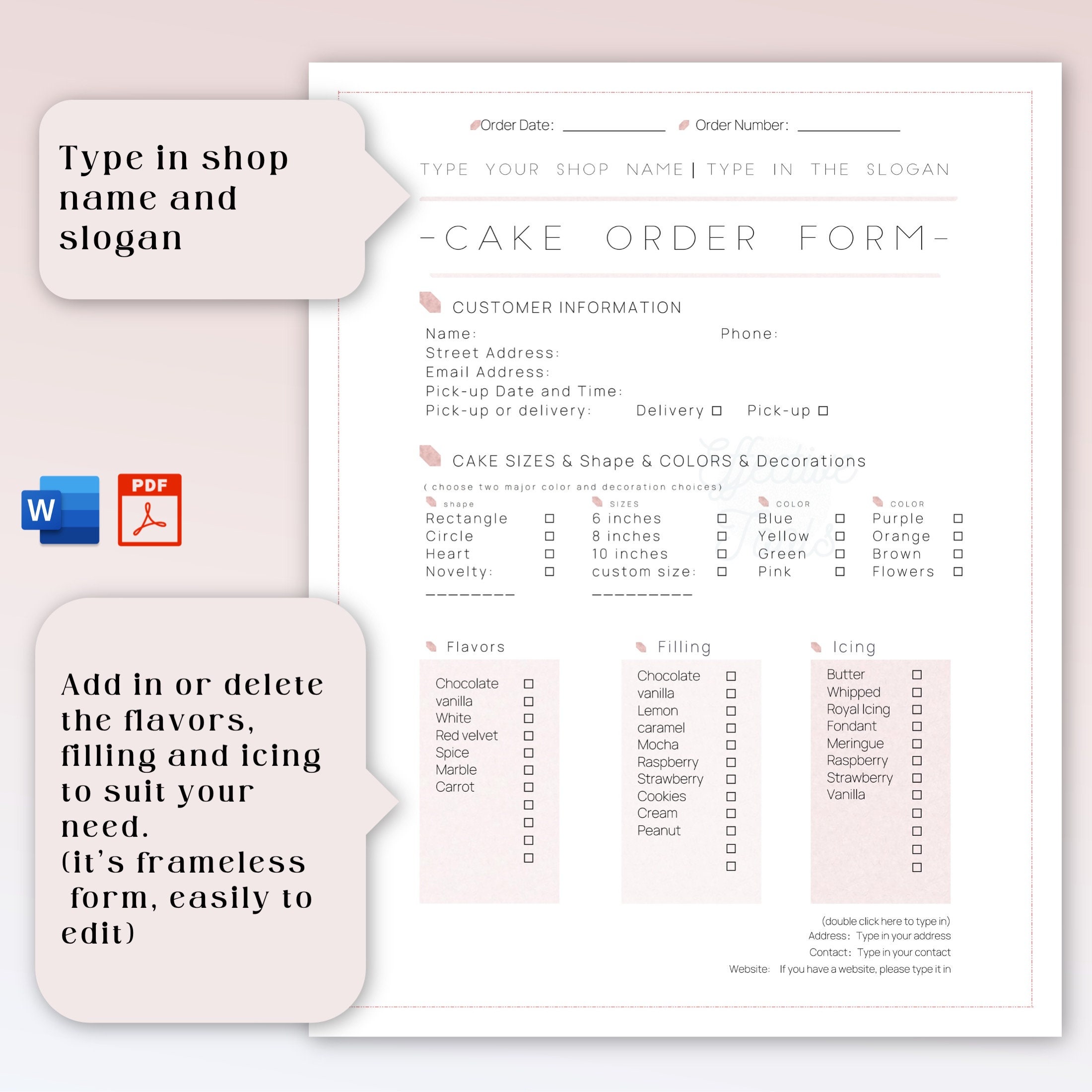 Editable Cake Order Form Template,printable Bakery Order Form,bakery ...