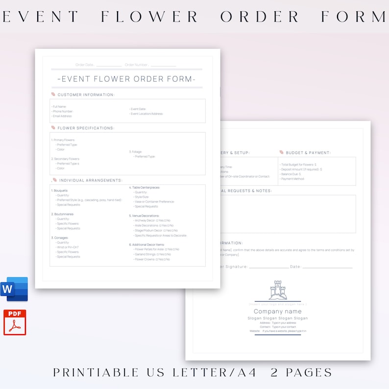Printable Event Flower Order Form, Editable Wedding or Event Floral ...
