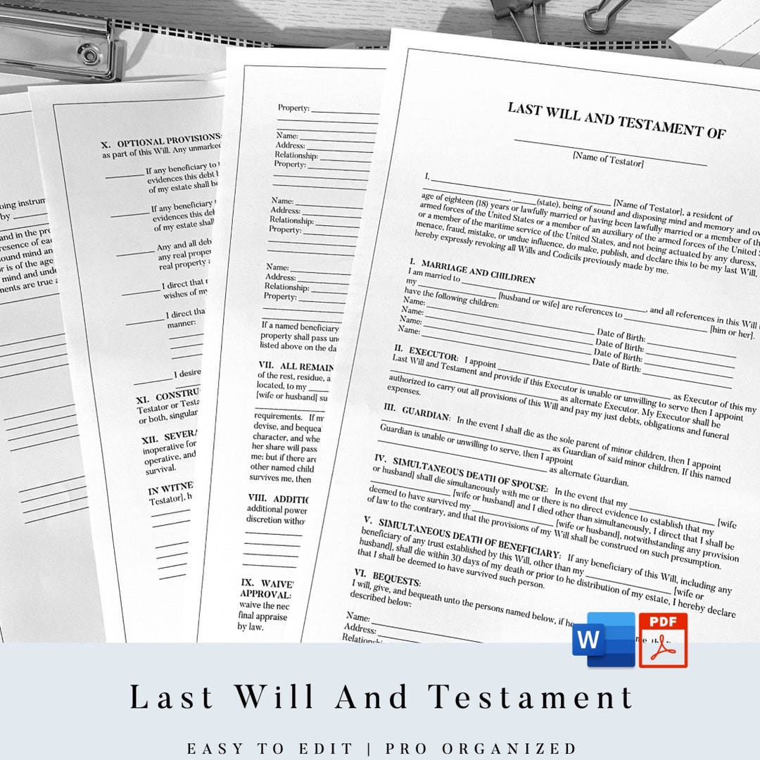 Editable Last Will and Testament Template, Customizable Last Will and ...