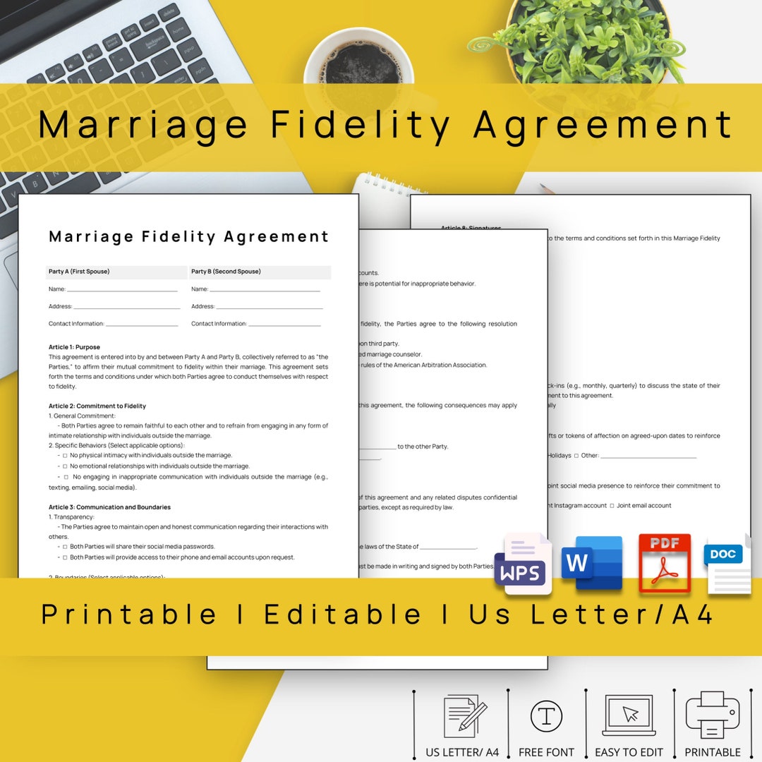 Editable Marriage Fidelity Agreement, Marriage Loyalty Agreement ...
