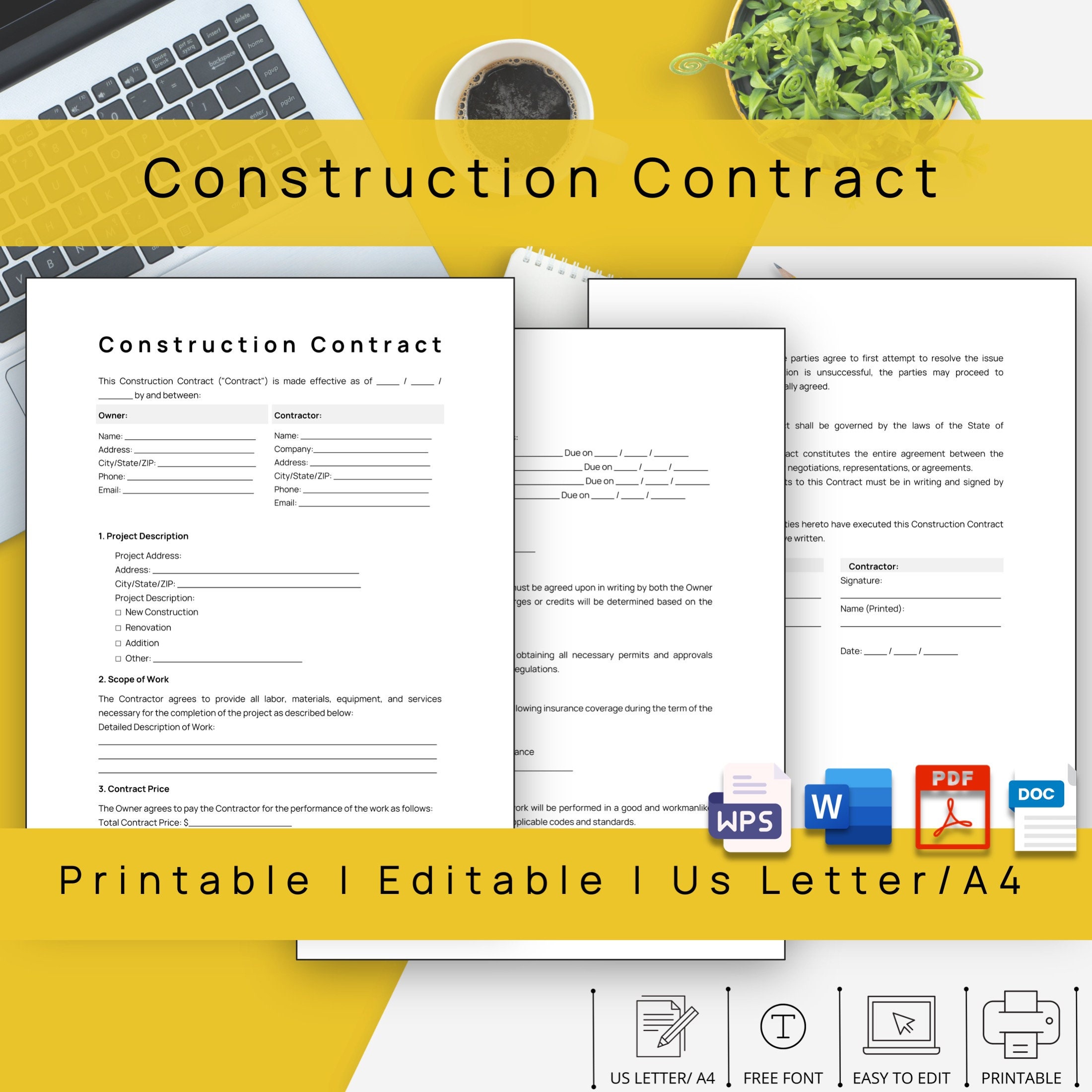 Editable Construction Contract Template, Printable Building Contract ...