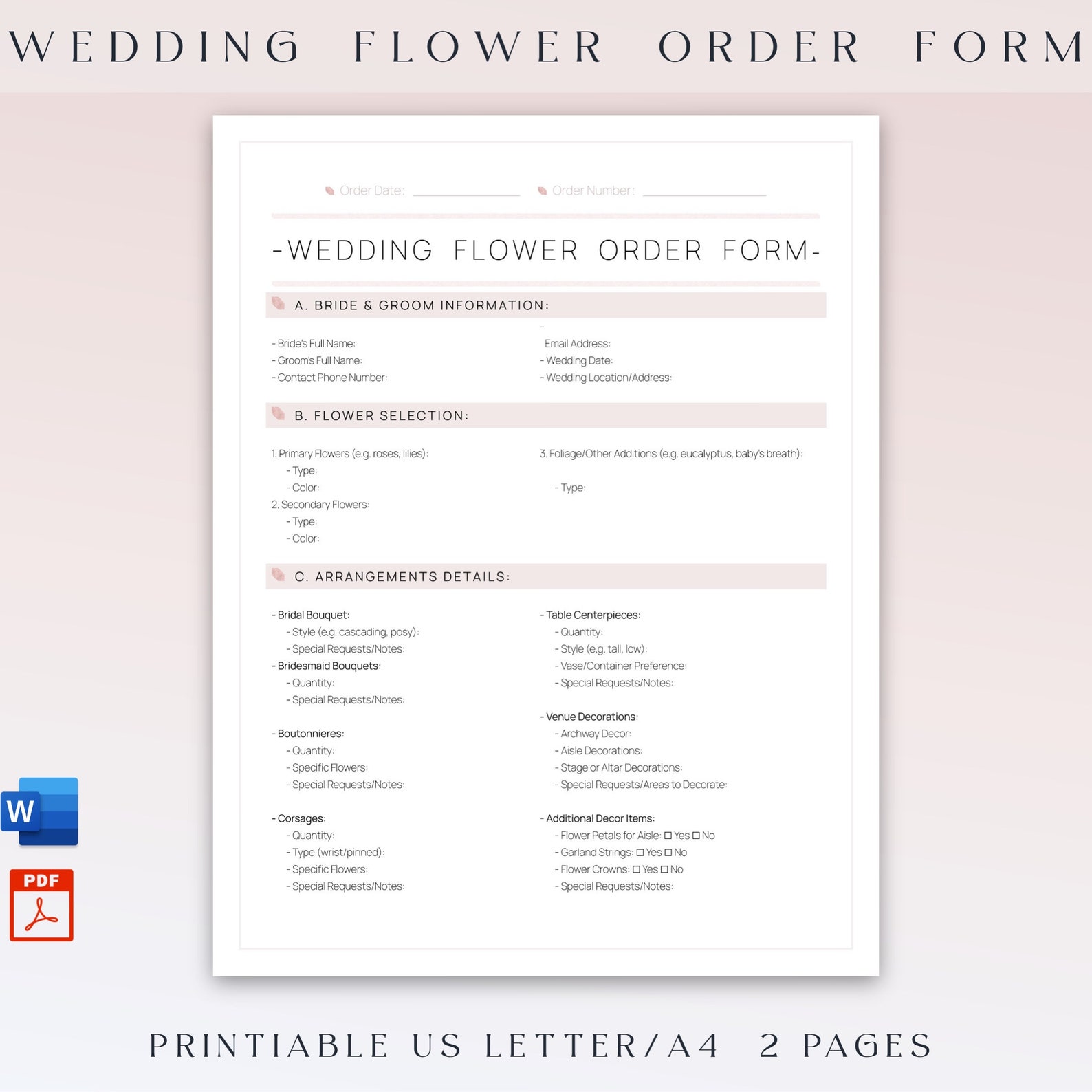 Printable Wedding Flower Order Form, Editable Wedding Floral ...