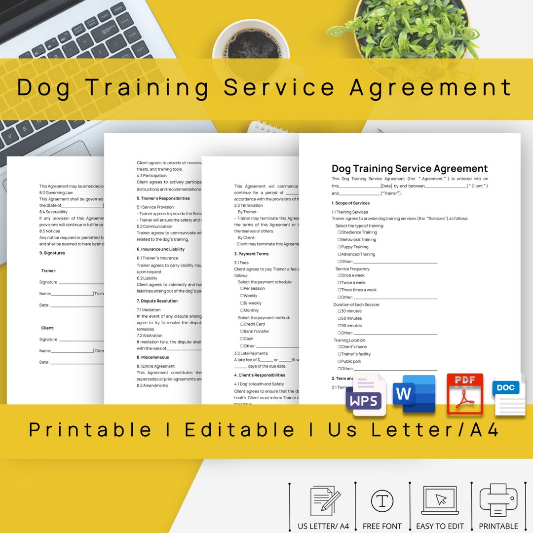 Editable Dog Training Agreement Form, Printable Dog Training Service ...