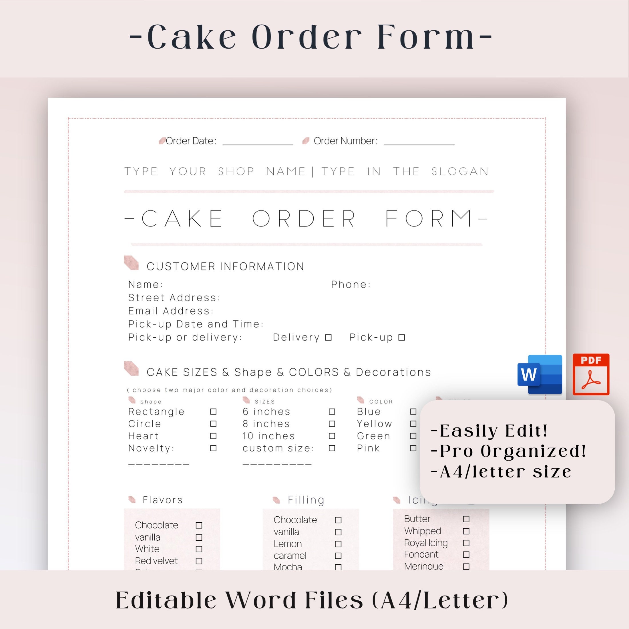 Editable Cake Order Form Template,printable Bakery Order Form,bakery ...