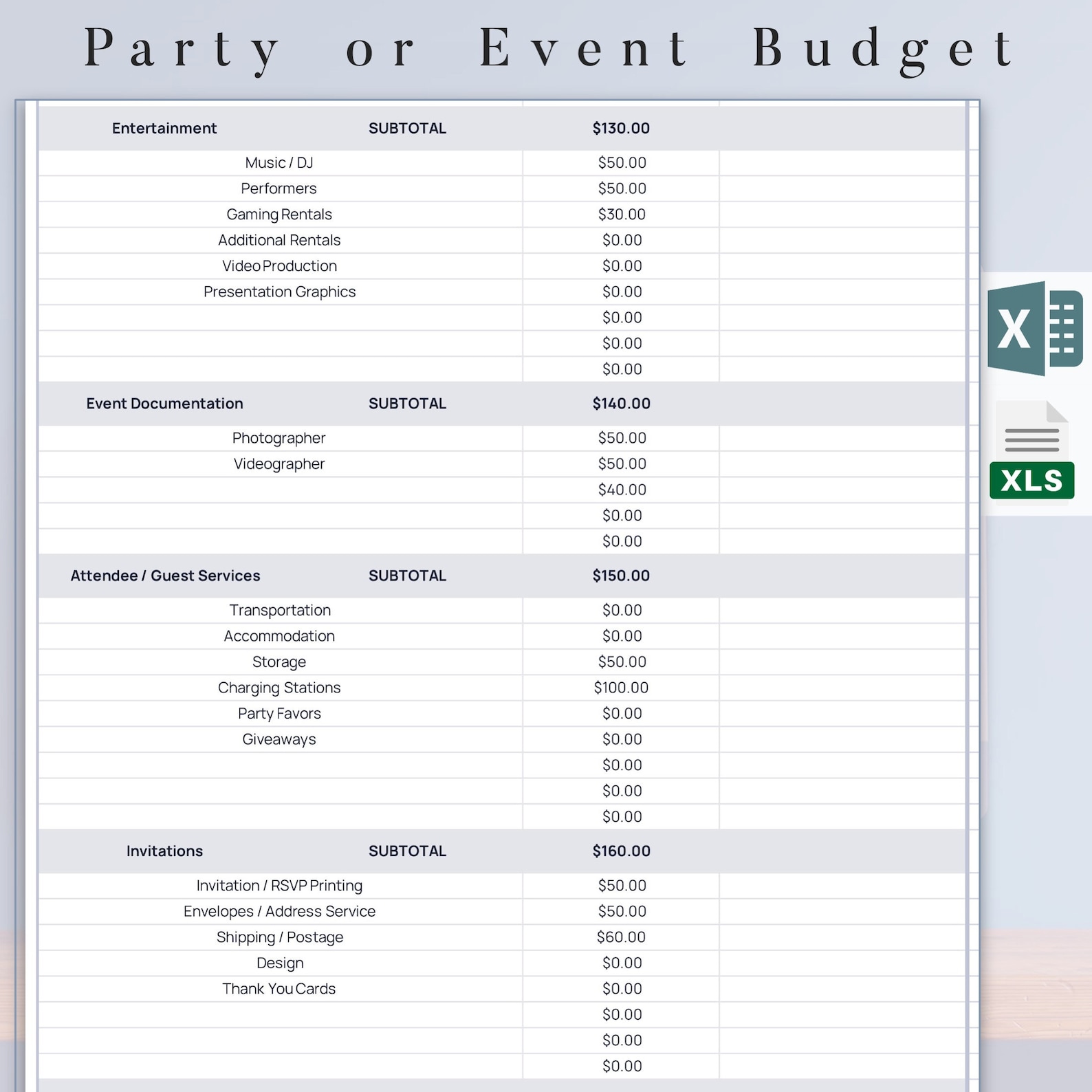 Party & Event Budget Planner, Excel Template, Auto-calculating Event ...