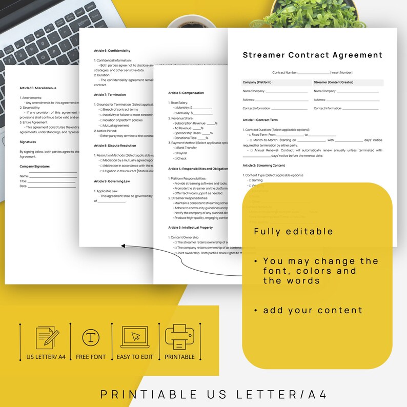 Editable Streamer Contract Template, Printable Streaming Agreement ...