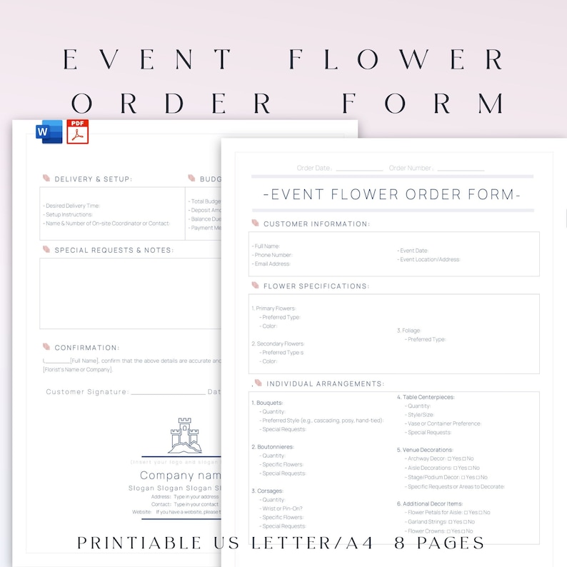 Printable Event Flower Order Form, Editable Wedding or Event Floral ...