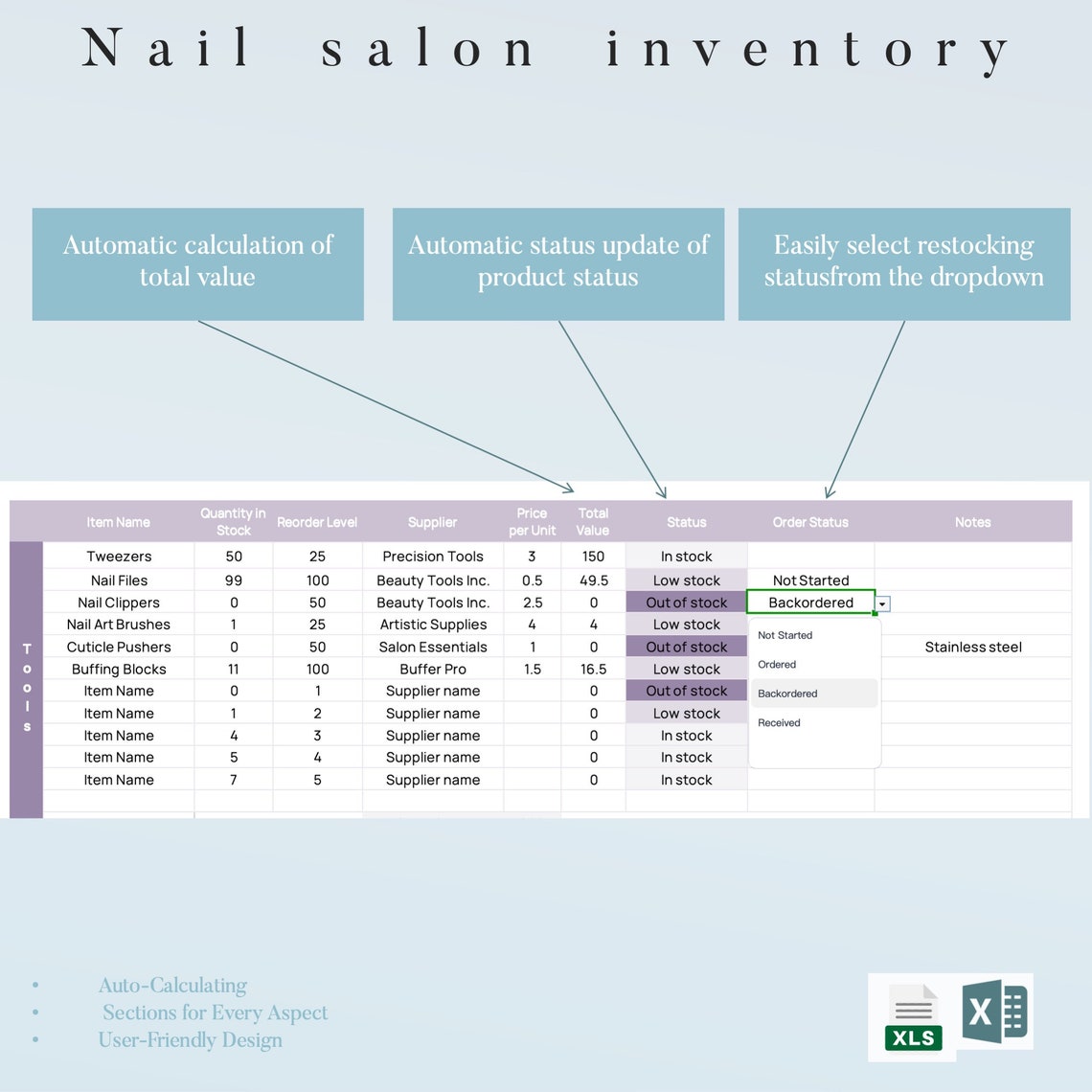 Nail Salon Inventory List Template, Excel Template, Auto-calculating ...