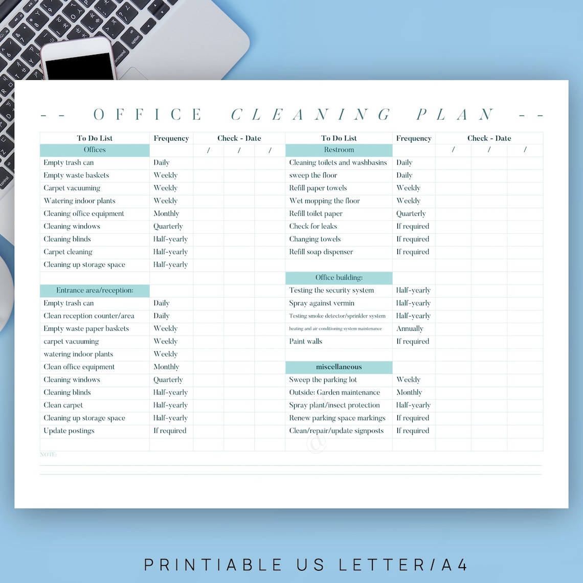 Editable Office Cleaning Checklist Template Frequency Chart - Etsy