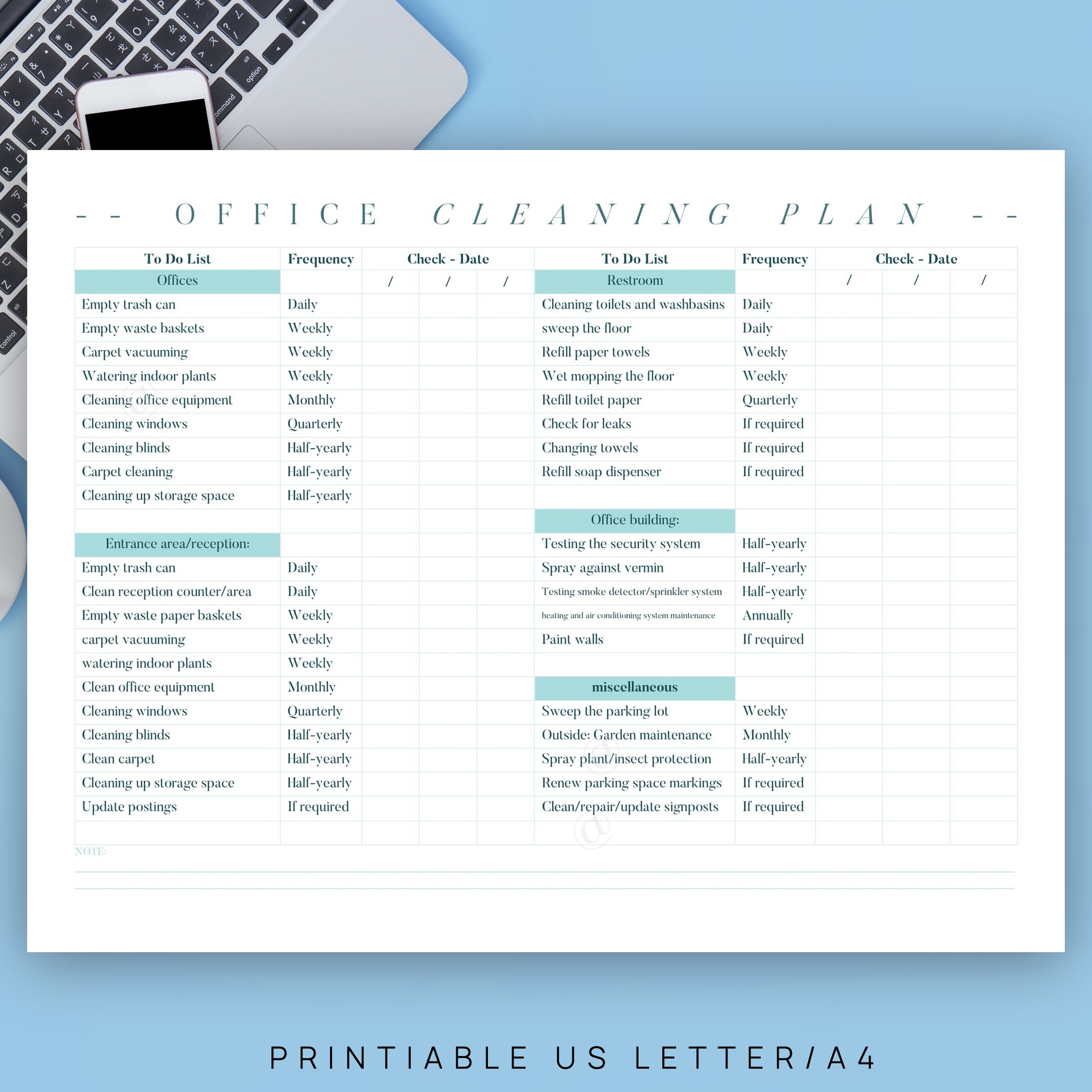 Editable Office Cleaning Checklist Template, Frequency Chart word ...