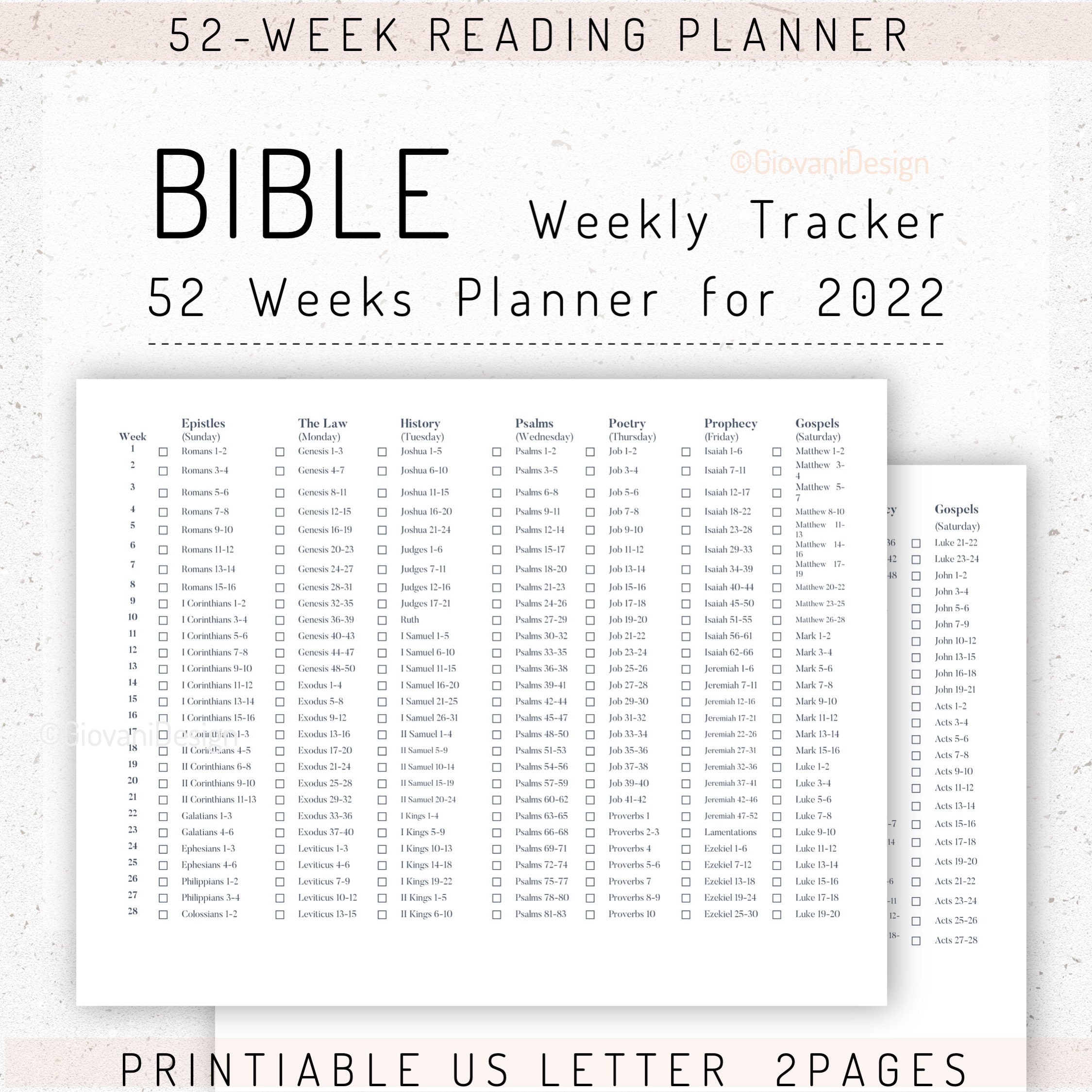 Printable Bible 52-week Reading Planner for 2022, Daily Journal, Bible ...