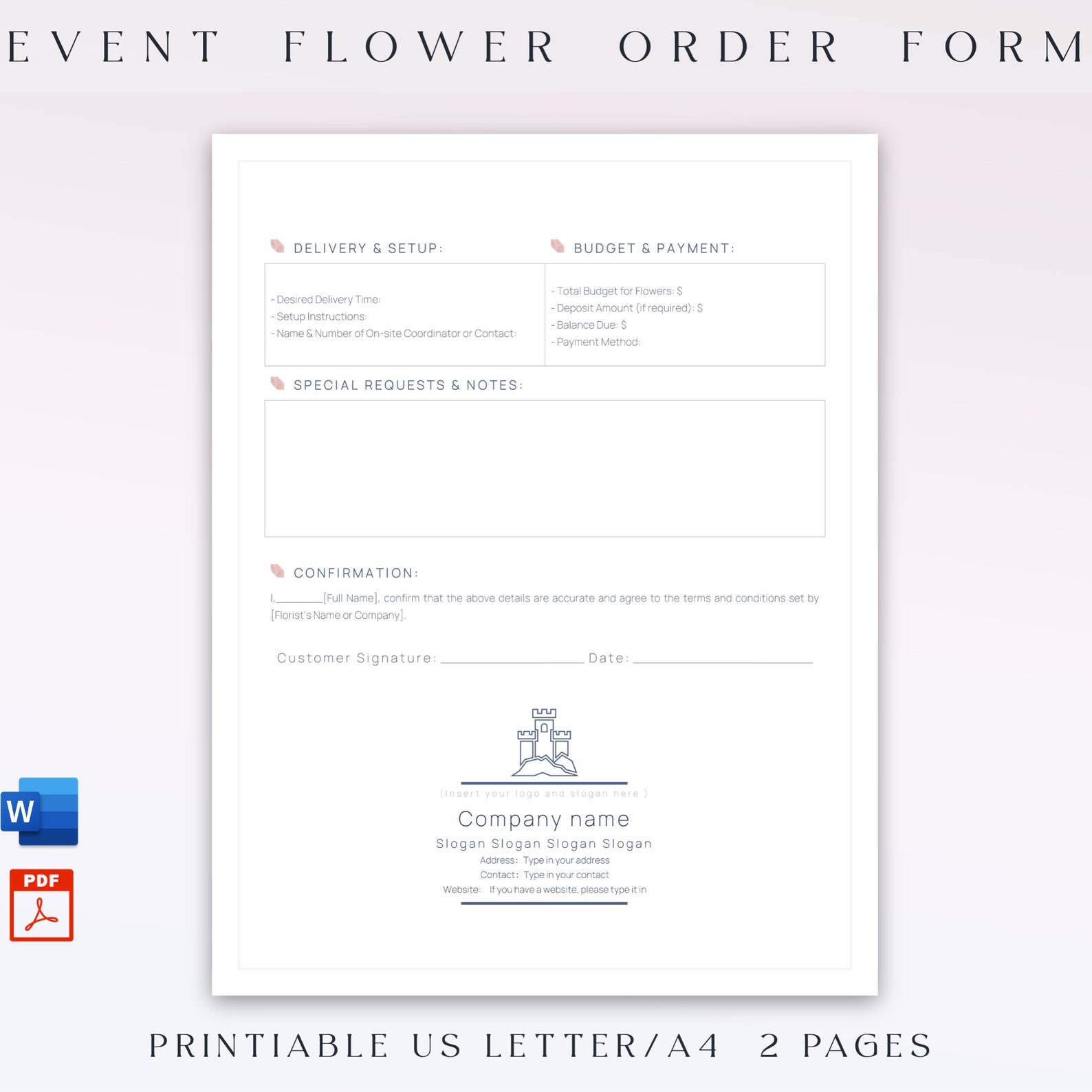 Printable Event Flower Order Form, Editable Wedding or Event Floral ...