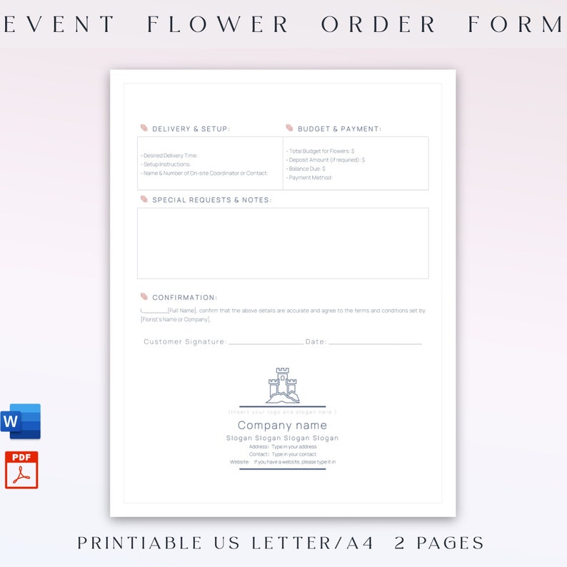 Printable Event Flower Order Form, Editable Wedding or Event Floral ...