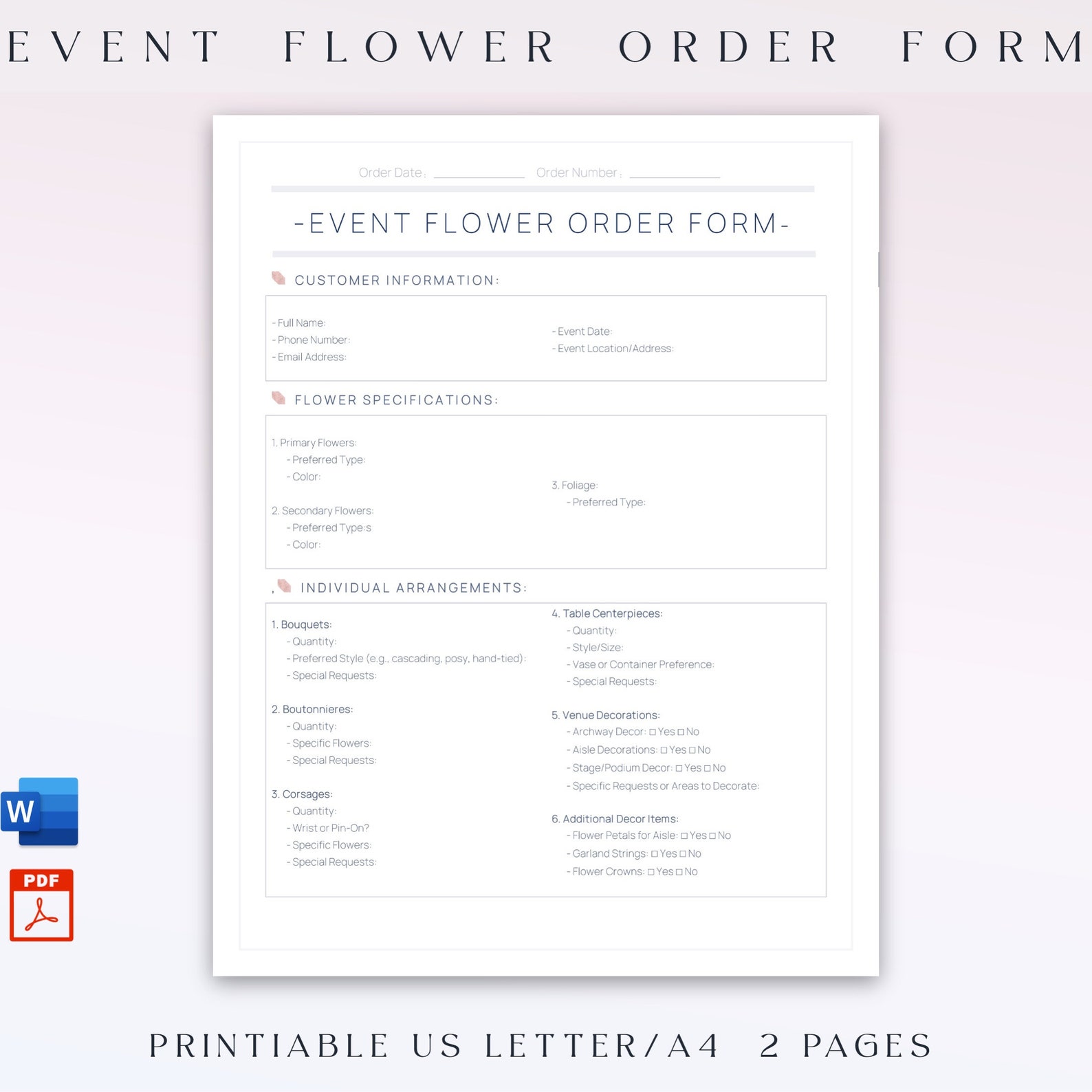 Printable Event Flower Order Form, Editable Wedding or Event Floral ...
