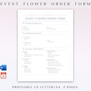 Printable Event Flower Order Form, Editable Wedding or Event Floral ...