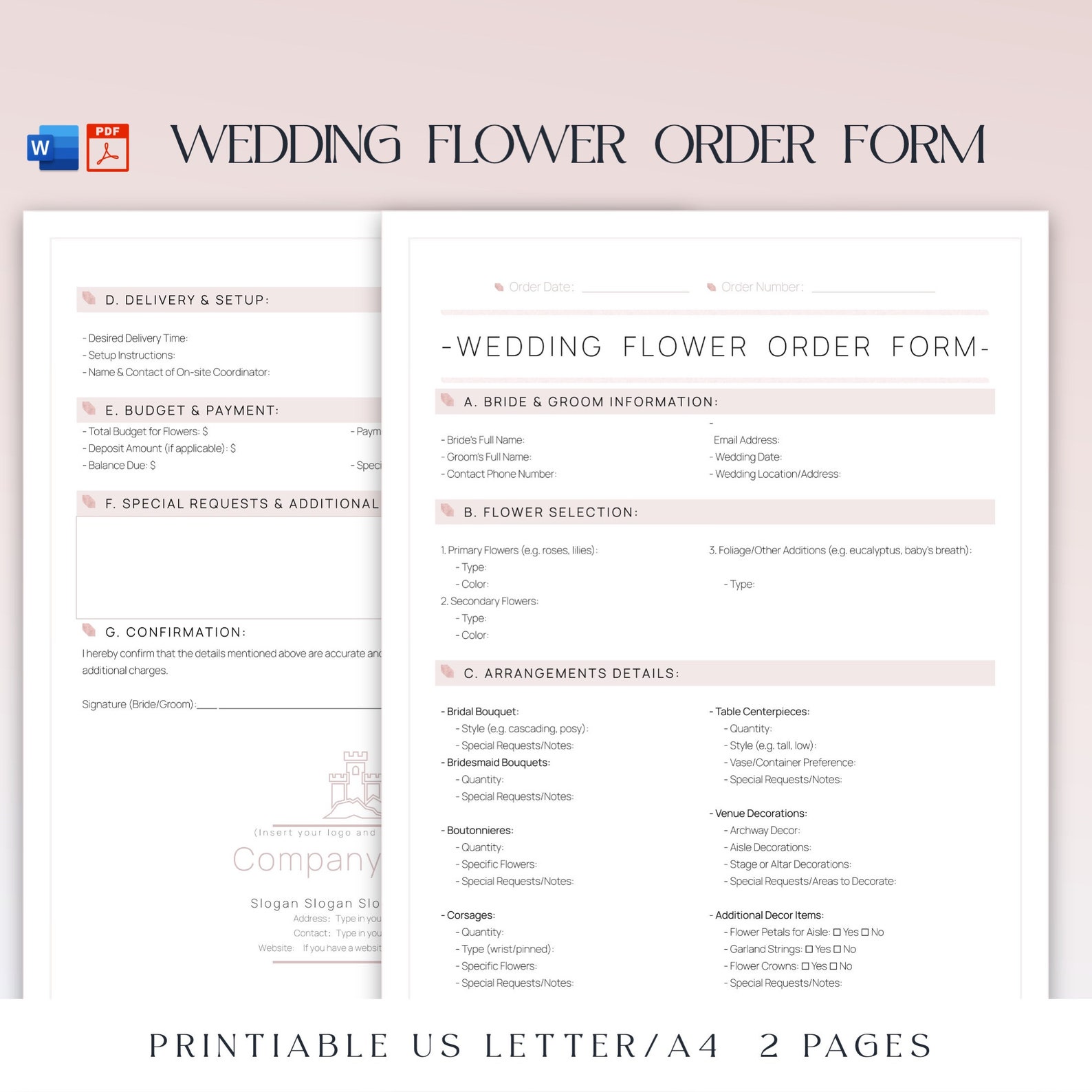 Printable Wedding Flower Order Form, Editable Wedding Floral ...