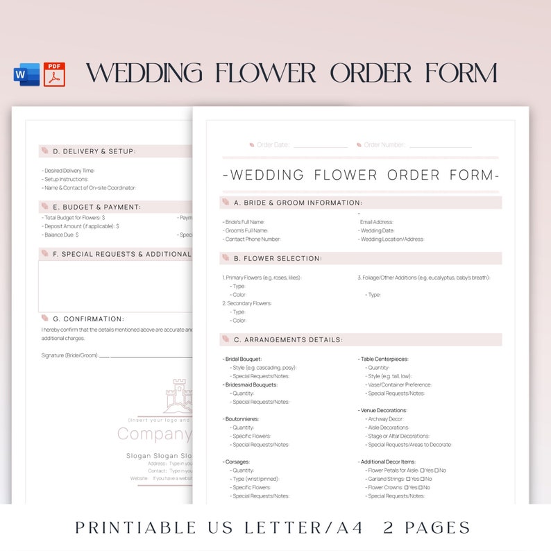 Printable Wedding Flower Order Form, Editable Wedding Floral ...