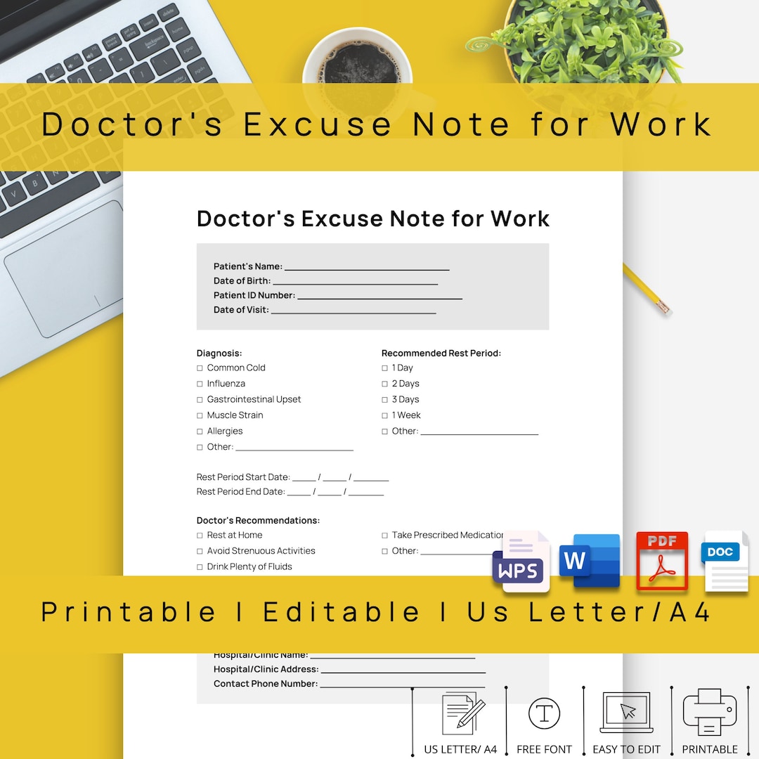 Editable Doctor Excuse Note for Work, Printable Medical Excuse Note ...