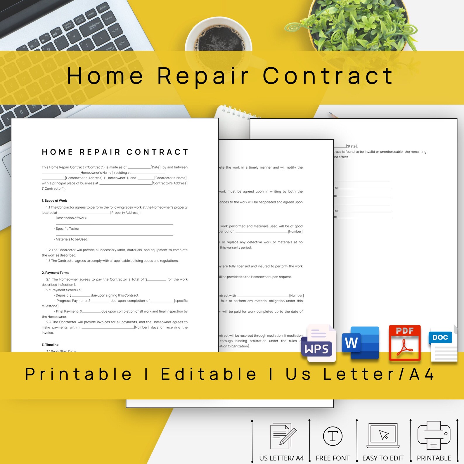 Editable Home Repair Agreement, Printable Repair Contract Template,home ...