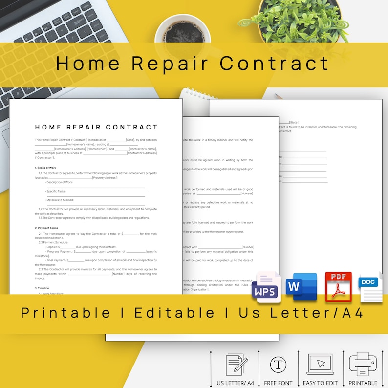 Editable Home Repair Agreement, Printable Repair Contract Template,home ...