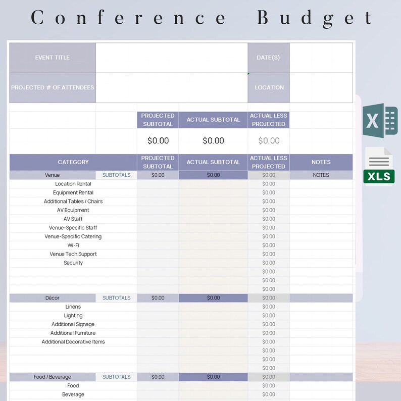 Conference Budget Excel, Auto-calculation, Conference Budget ...