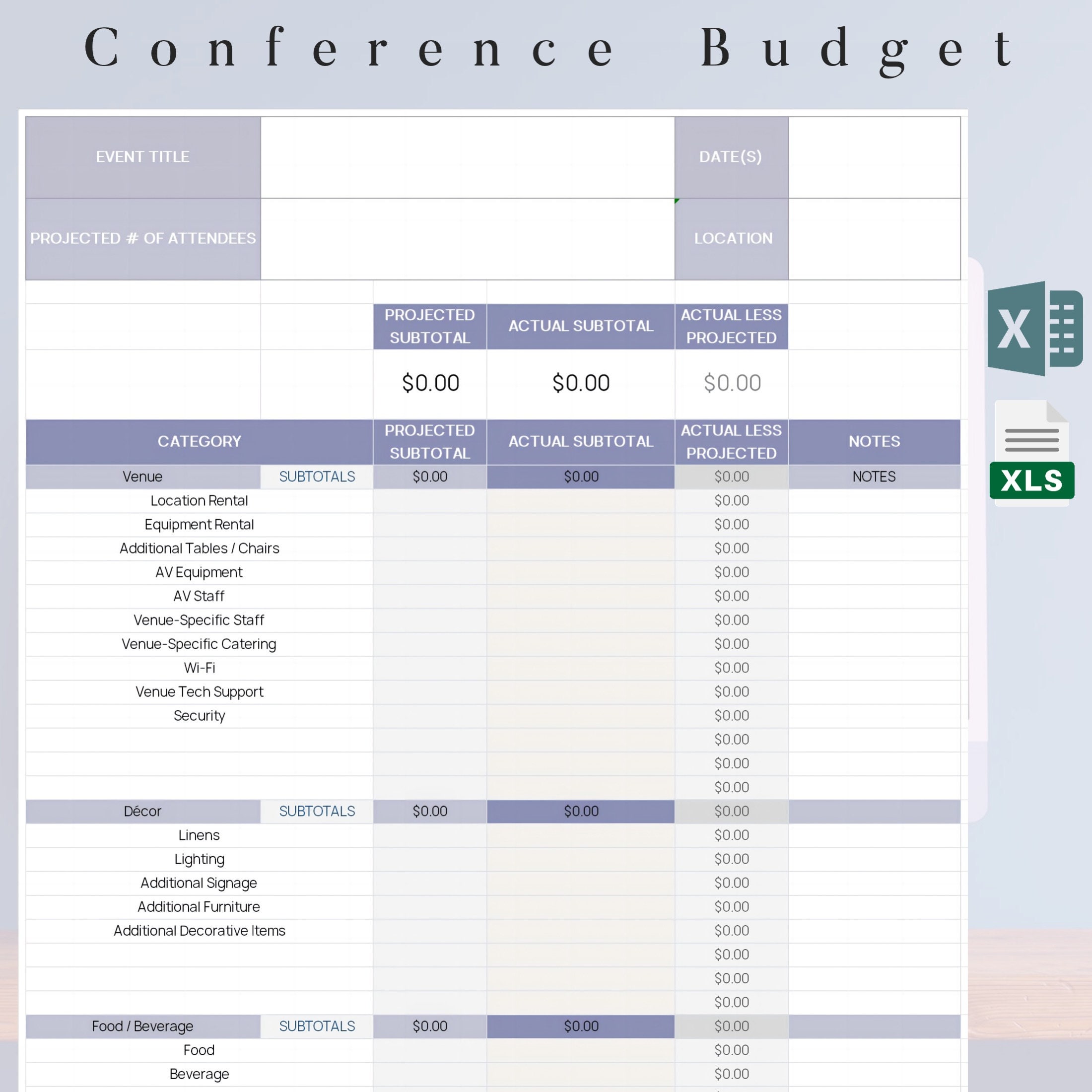 Conference Budget Excel, Auto-calculation, Conference Budget ...