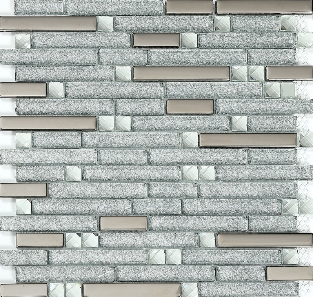 Glass Mosaic Linear Wall Tile Silver Shiny Backsplash Bathroom Shower ...
