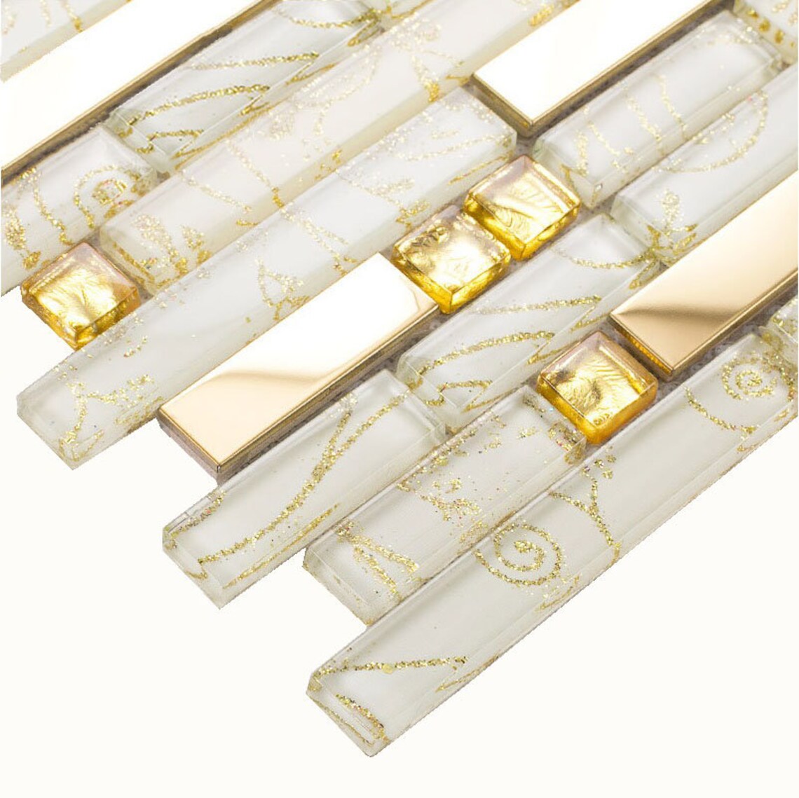 Glossy Glass Metal Linear Mosaic Wall Tiles Shiny Gold & White ...