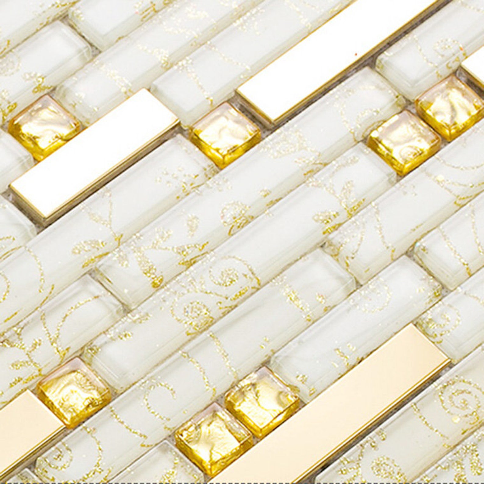 Glossy Glass Metal Linear Mosaic Wall Tiles Shiny Gold & White ...