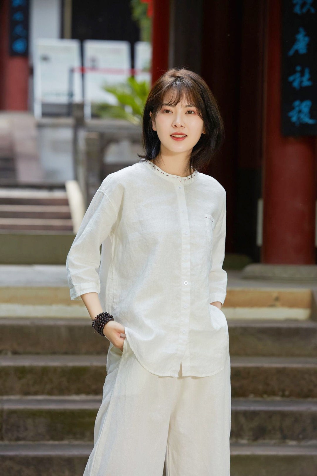 100% Linen Shirt / Retro Chinese Linen White Shirt / Linen Top / Linen ...