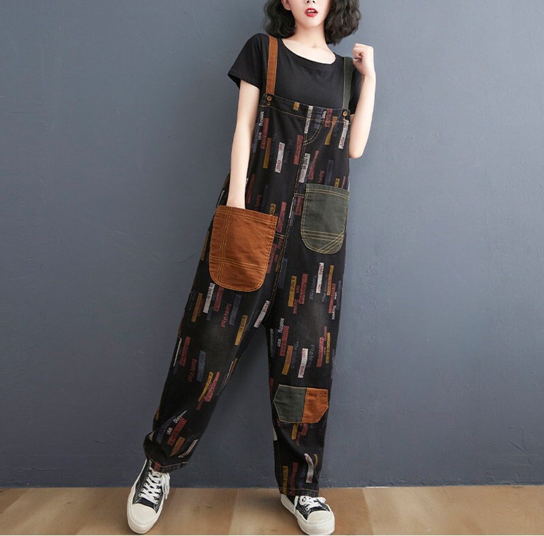 Women Vintage Denim Overalls, Print Denim Overalls, Cotton Overalls ...
