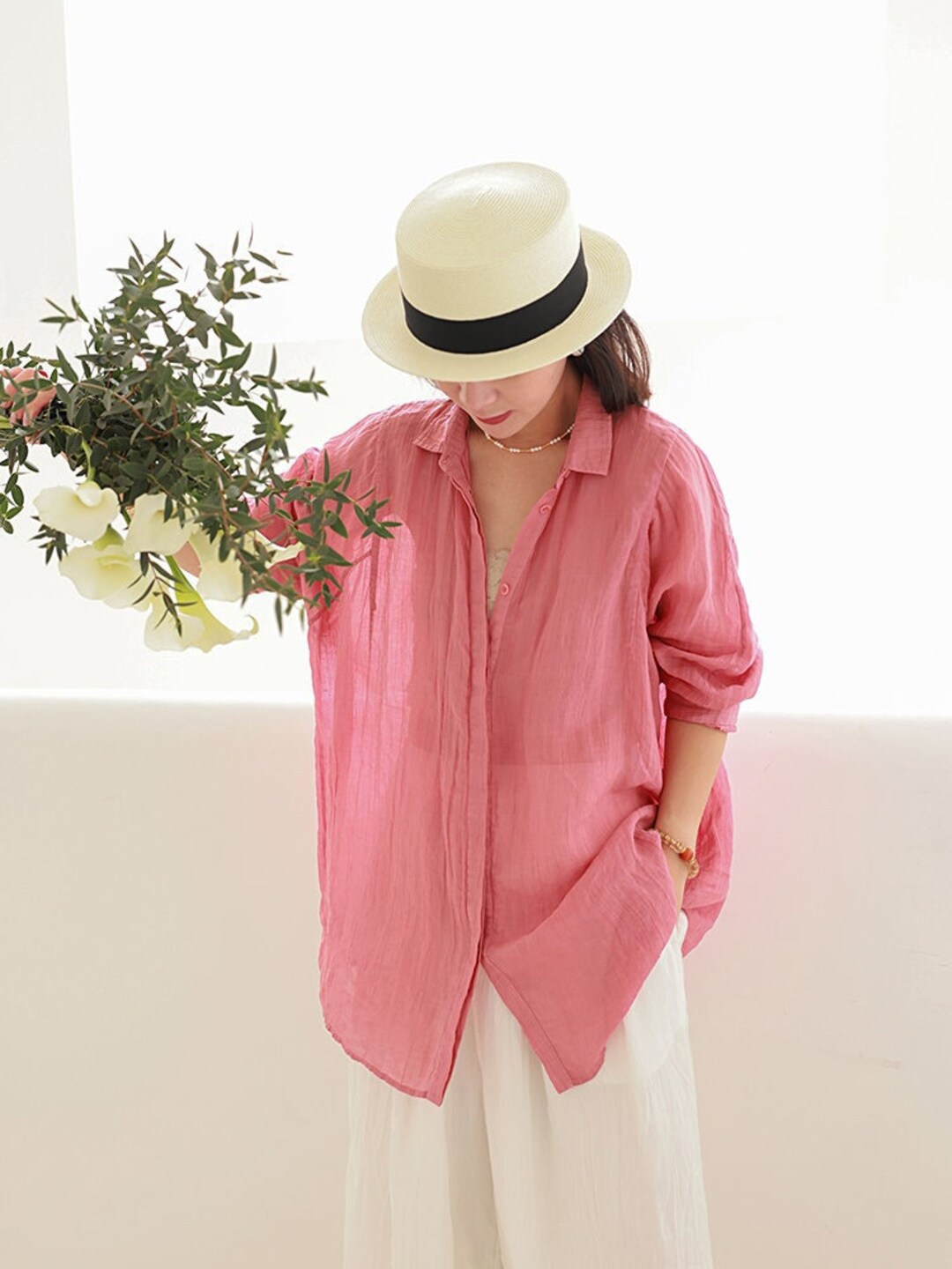 Pink Linen Blouse Summer Loose Breathable Linen Shirt Retro - Etsy