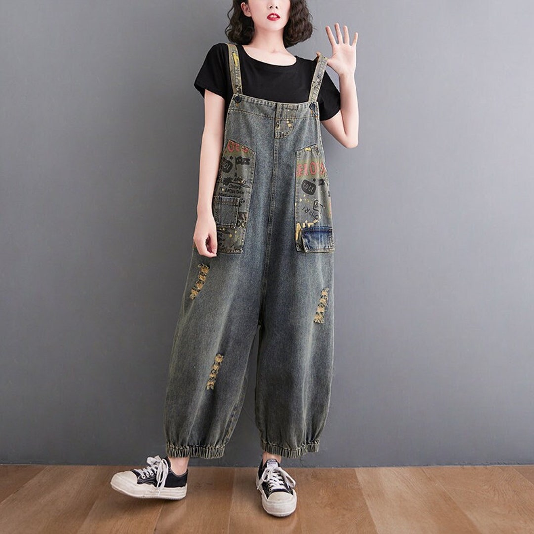 Women Vintage Overalls, Print Floral Denim Overalls, Cotton Overalls ...