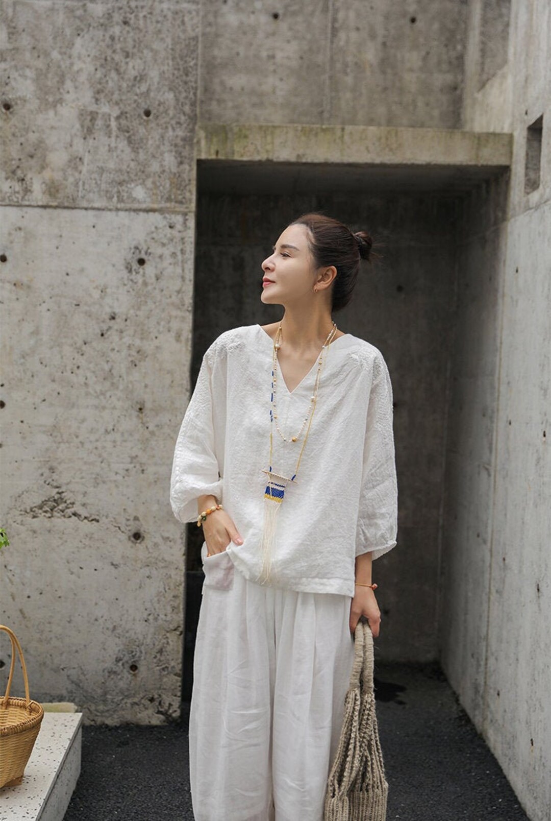 100% Linen White Top/v-neck Loose Top/white Long-sleeved Linen - Etsy