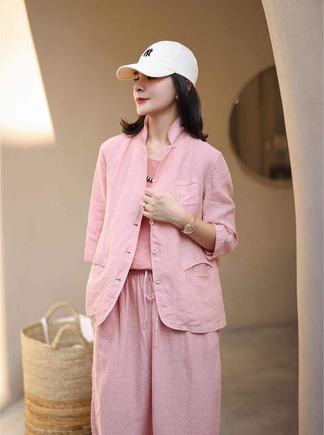 Woman Pink Linen Suit, Loose Spring Autumn Linen Suit With Pocket ...