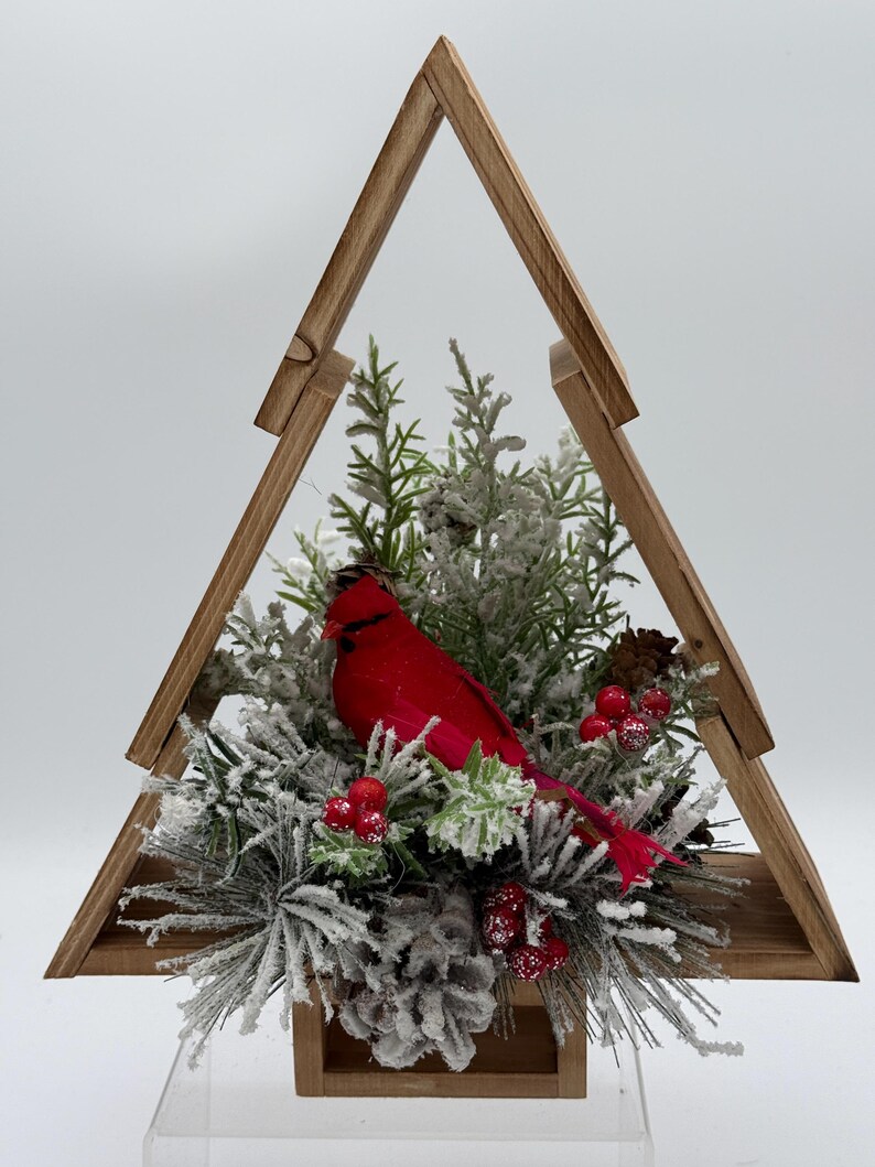 Rustic Wooden Christmas Tree Cardinal Arrangement,winter Home Accent ...