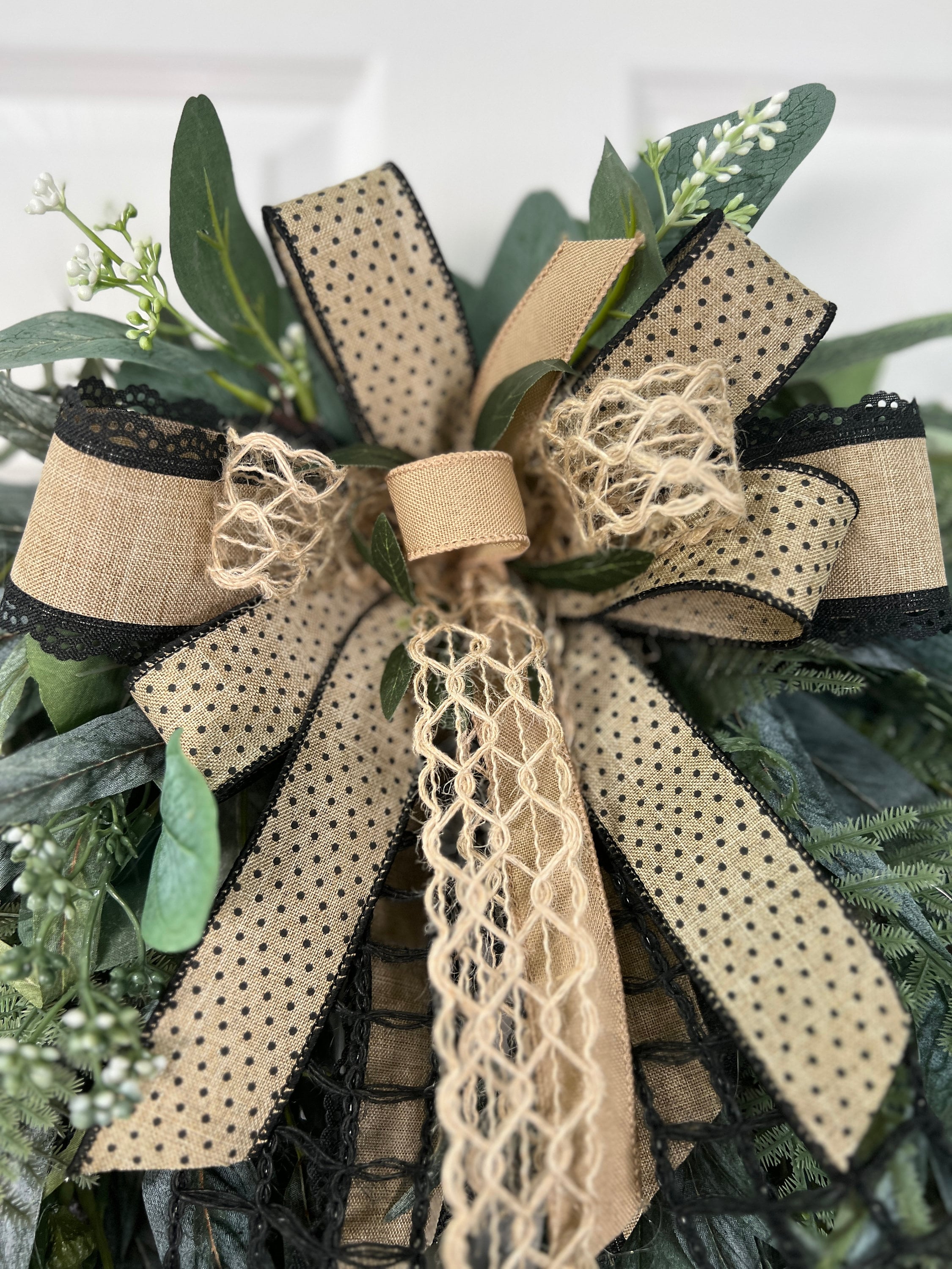 Lush Greenery Wreath, Accented With Natural Burlap Ribbons and Rustic ...