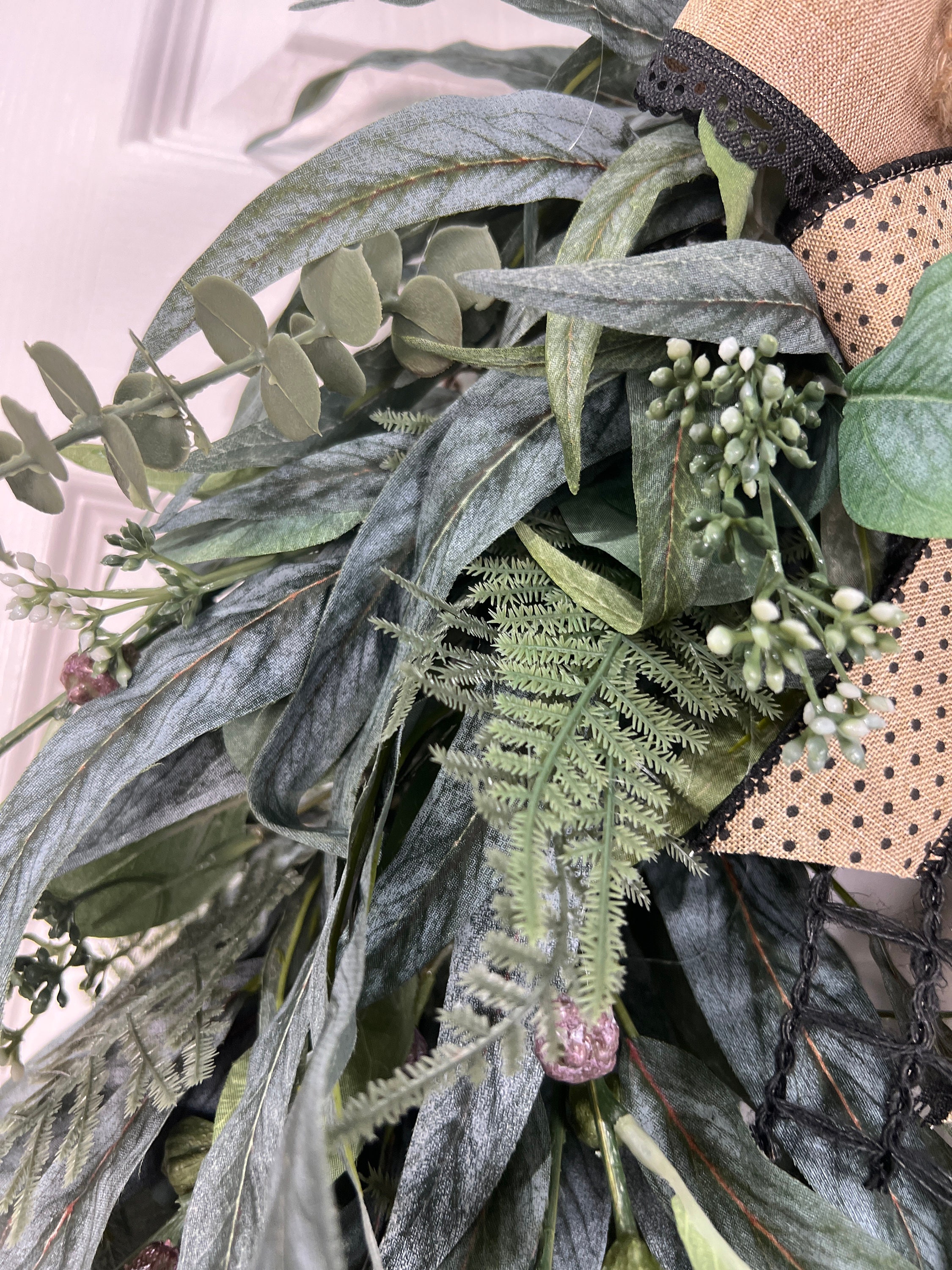 Lush Greenery Wreath, Accented With Natural Burlap Ribbons and Rustic ...