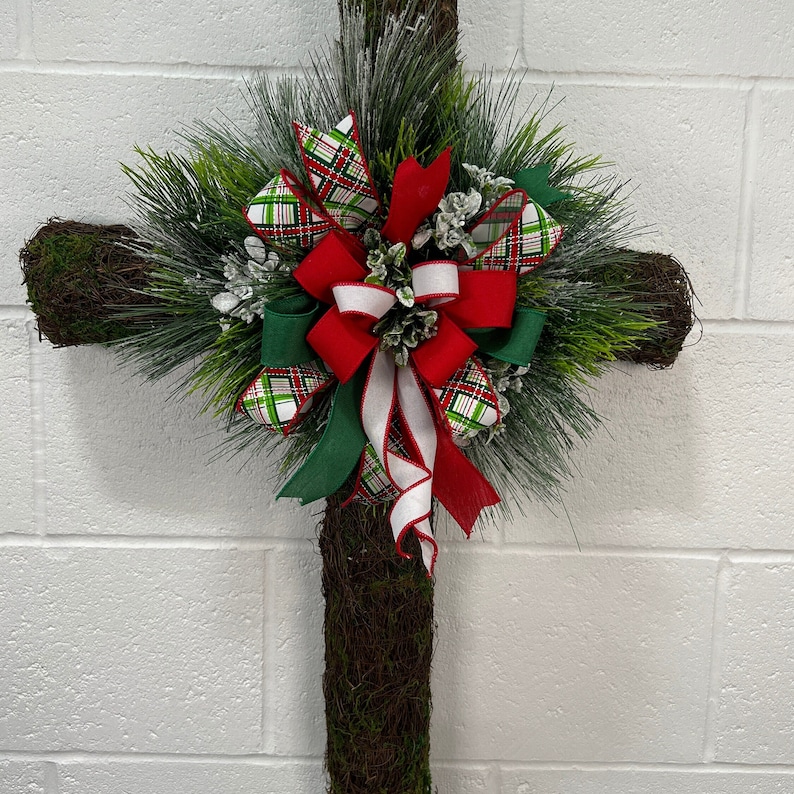 Christmas Cross Door Hanger, Holiday Floral on Moss Grapevine Cross ...