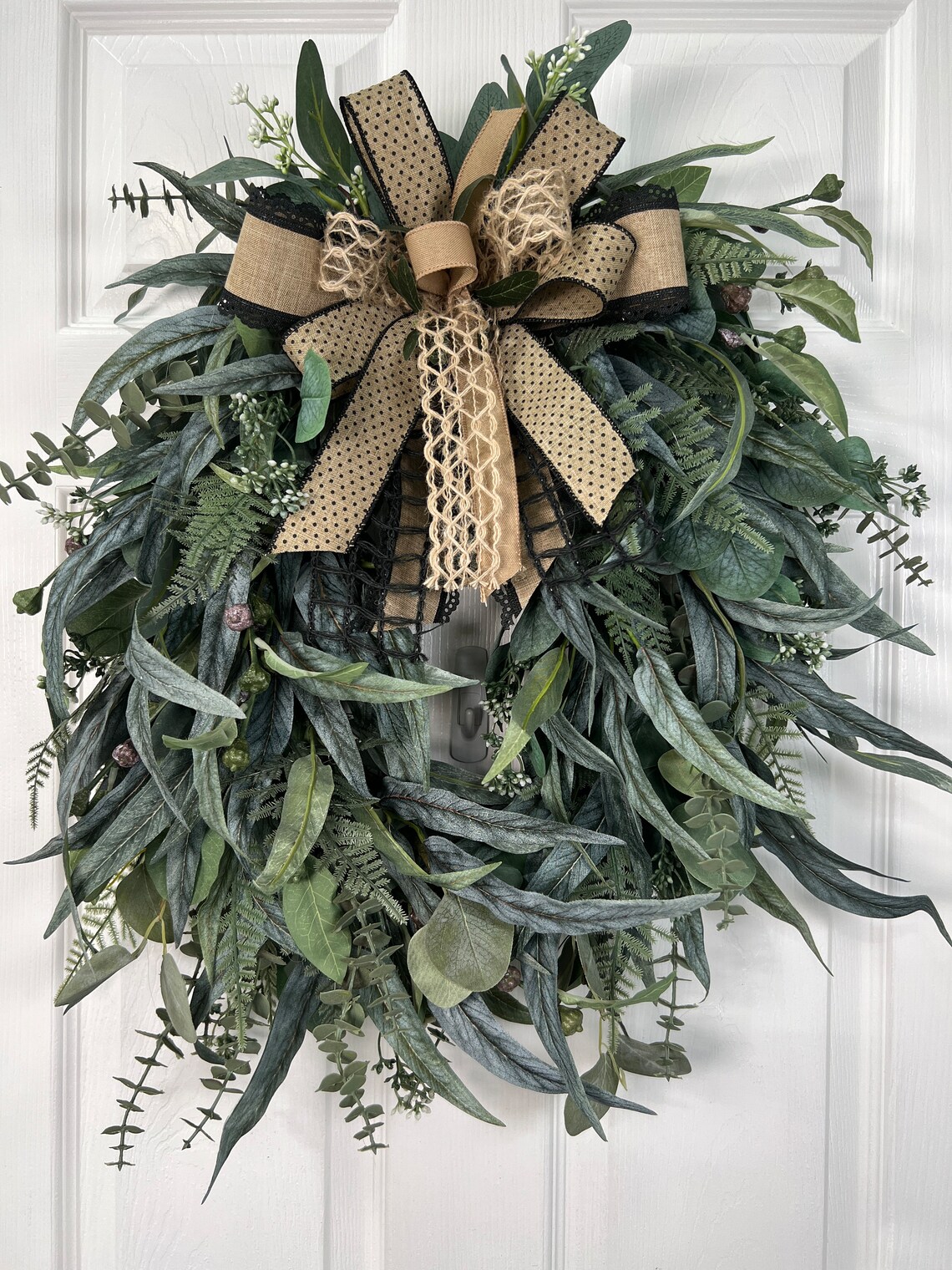 Lush Greenery Wreath, Accented With Natural Burlap Ribbons and Rustic ...