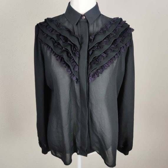 Vintage Cottagecore Black Sheer Boho Lace & Ruffle De… - Gem