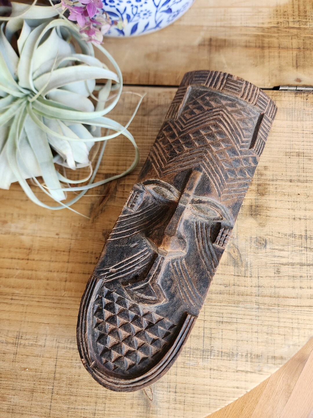 Vintage Congo Carved African KUBA Wooden Powder Box With Face Mask Lid ...