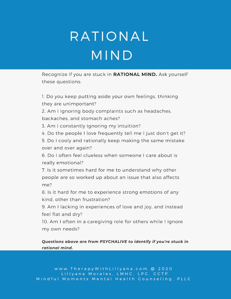 DBT Emotional and Rational Mind Worksheets by Licensed Therapist to ...