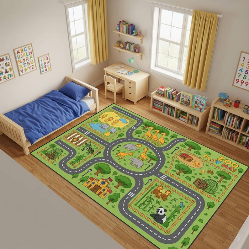 Zoo Map Kids Rug, Animal Playmat Carpet, Road Pattern Nursery Mat ...