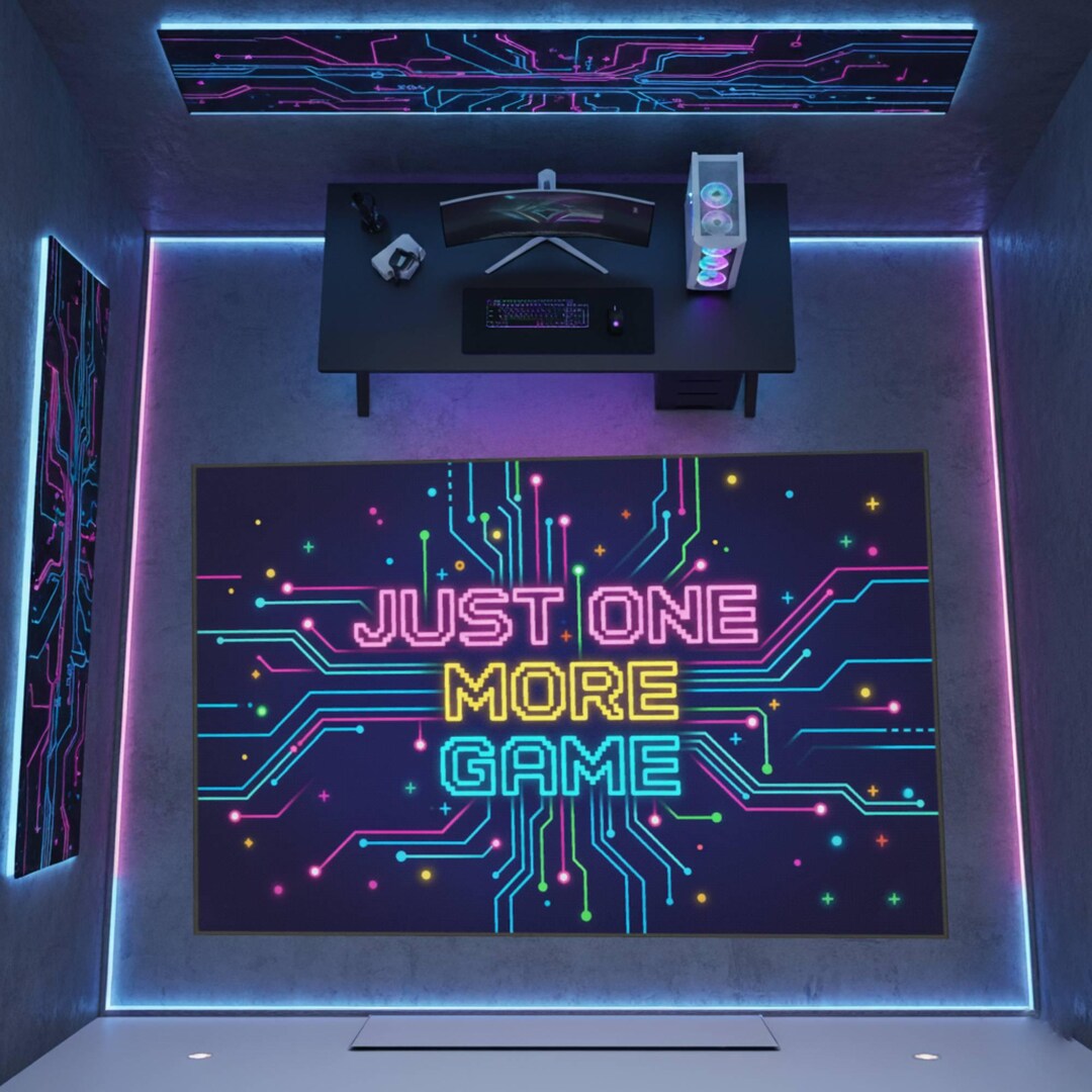 Neon Gamer Rug, Game Room Carpet, Just One More Game Mat, Teen Bedroom ...