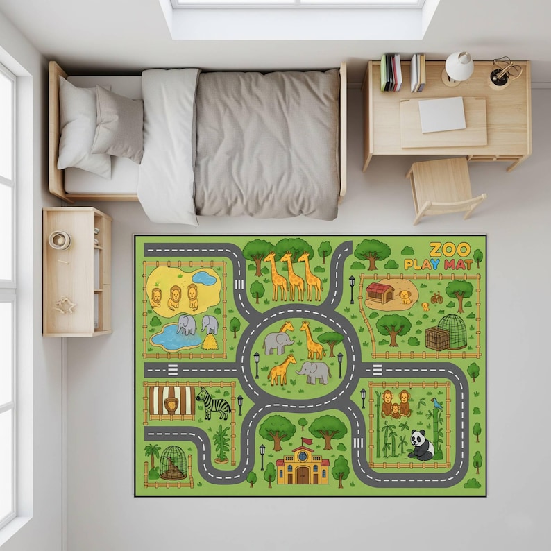 Zoo Map Kids Rug, Animal Playmat Carpet, Road Pattern Nursery Mat ...