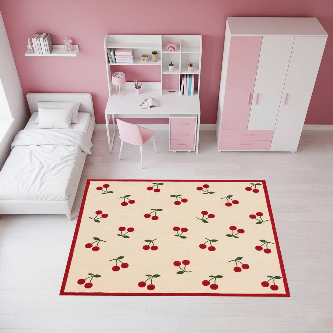 Cherry Pattern Kids Rug, Fruit Print Red Border Bedroom Decor, Playroom ...