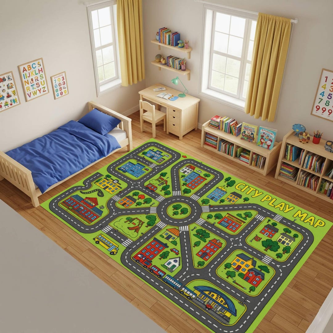 Kids City Play Rug, Road Map Carpet, Educational Traffic Town Bedroom ...
